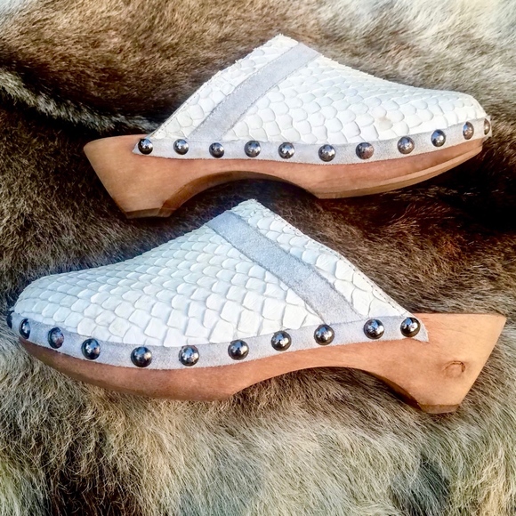Devi Kroell | Shoes | Devi Kroell Ivory Anacondasuede Wood Clogs Sz 37 ...